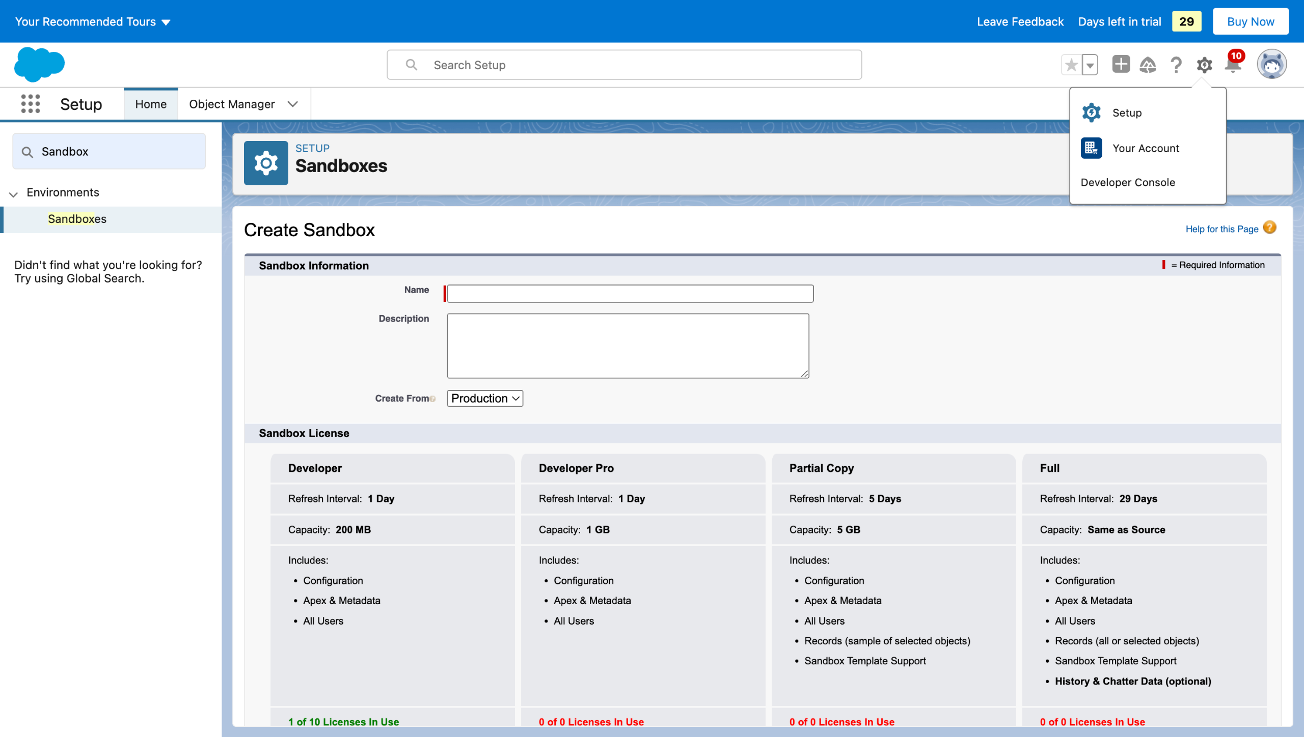 Salesforce - How to Create a Sandbox in Salesforce